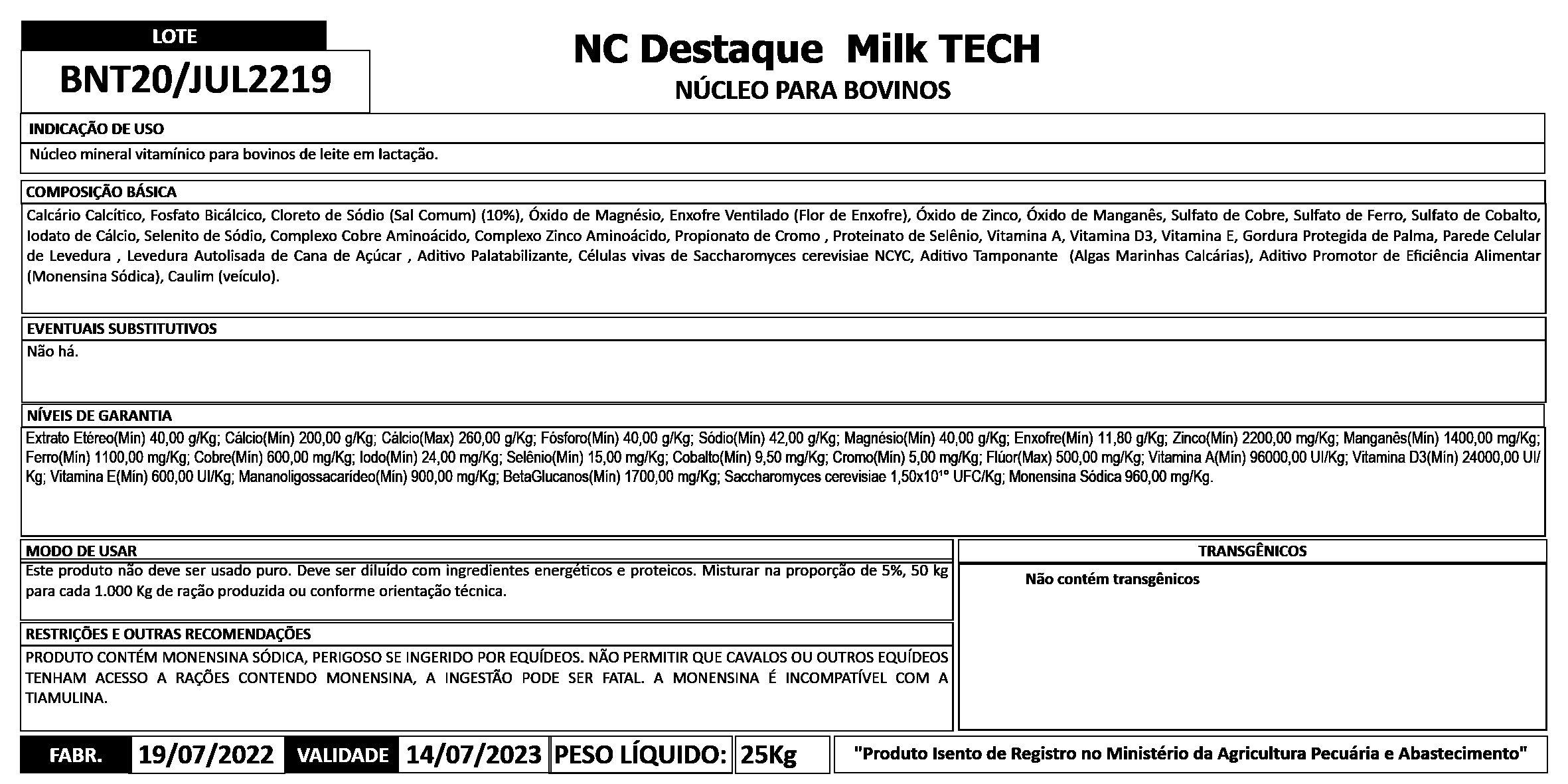 NC DESTAQUE MILK TECH SC 25 KG – Master Alimentos